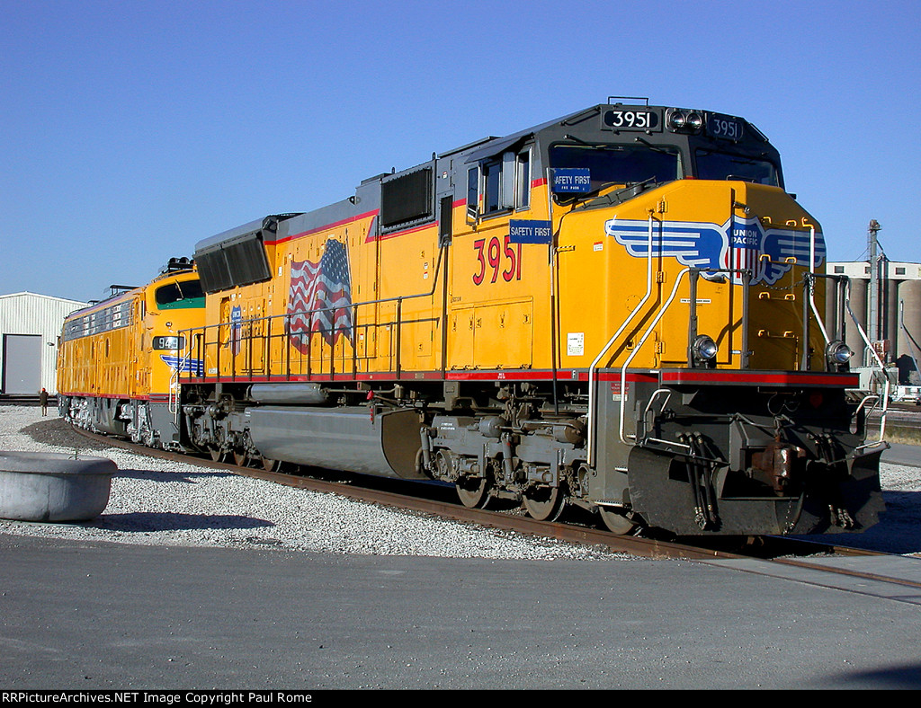 UP 3951, EMD SD70M, one year old, with UP 949 and UP Business Train